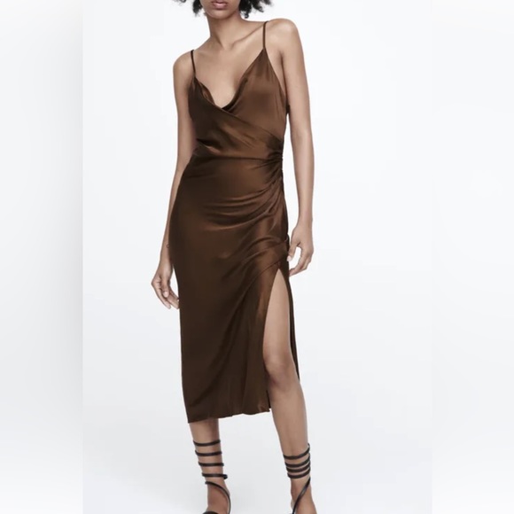 Zara | Dresses | Zara Effect Brown Slip Midi Dress | Poshmark